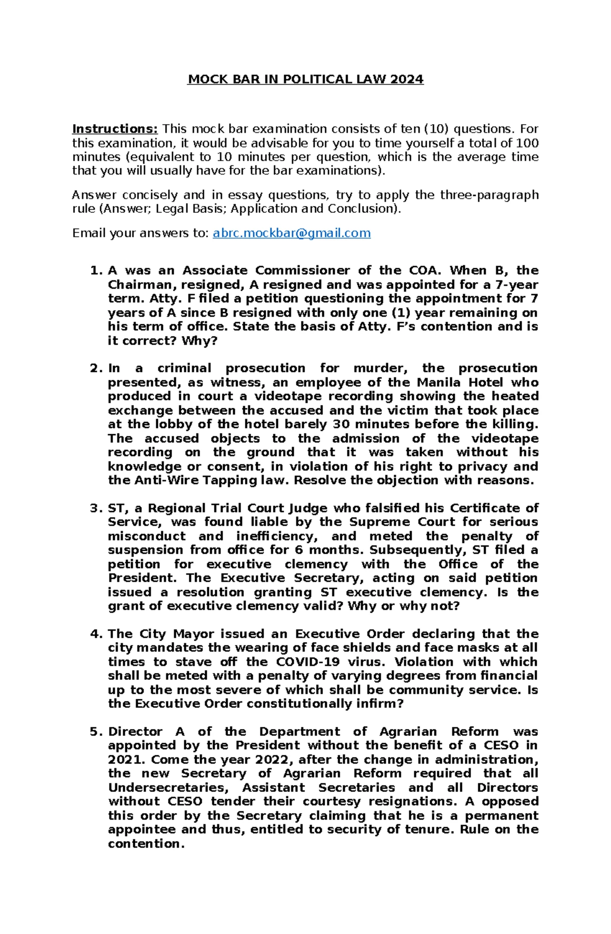 MOCK BAR EXAMINATION in Civil Law 2024: Key Questions & Analysis - Studocu