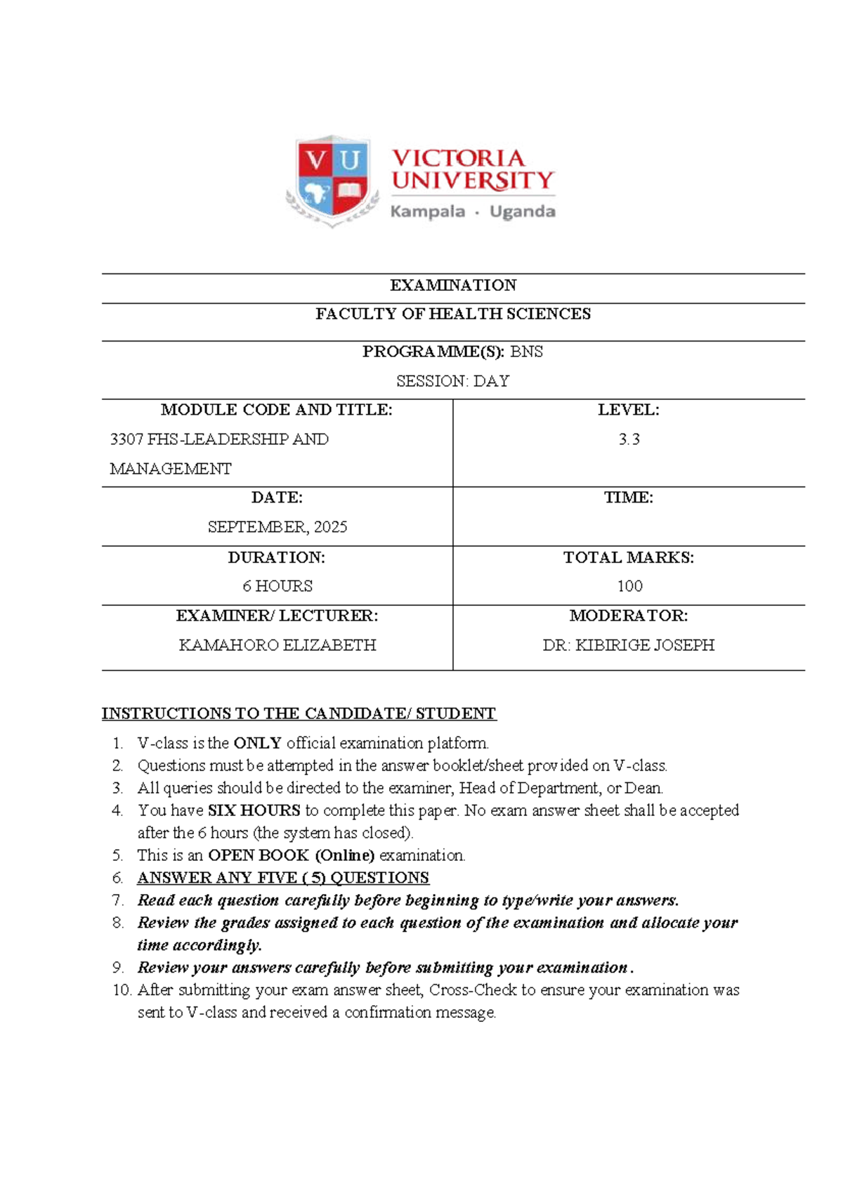FHS Leadership and Management Final Exam (BNS 3307) - Studocu