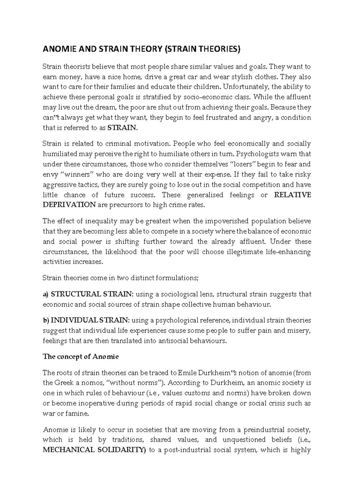Strain Theory- Notes - ANOMIE AND STRAIN THEORY (STRAIN THEORIES ...