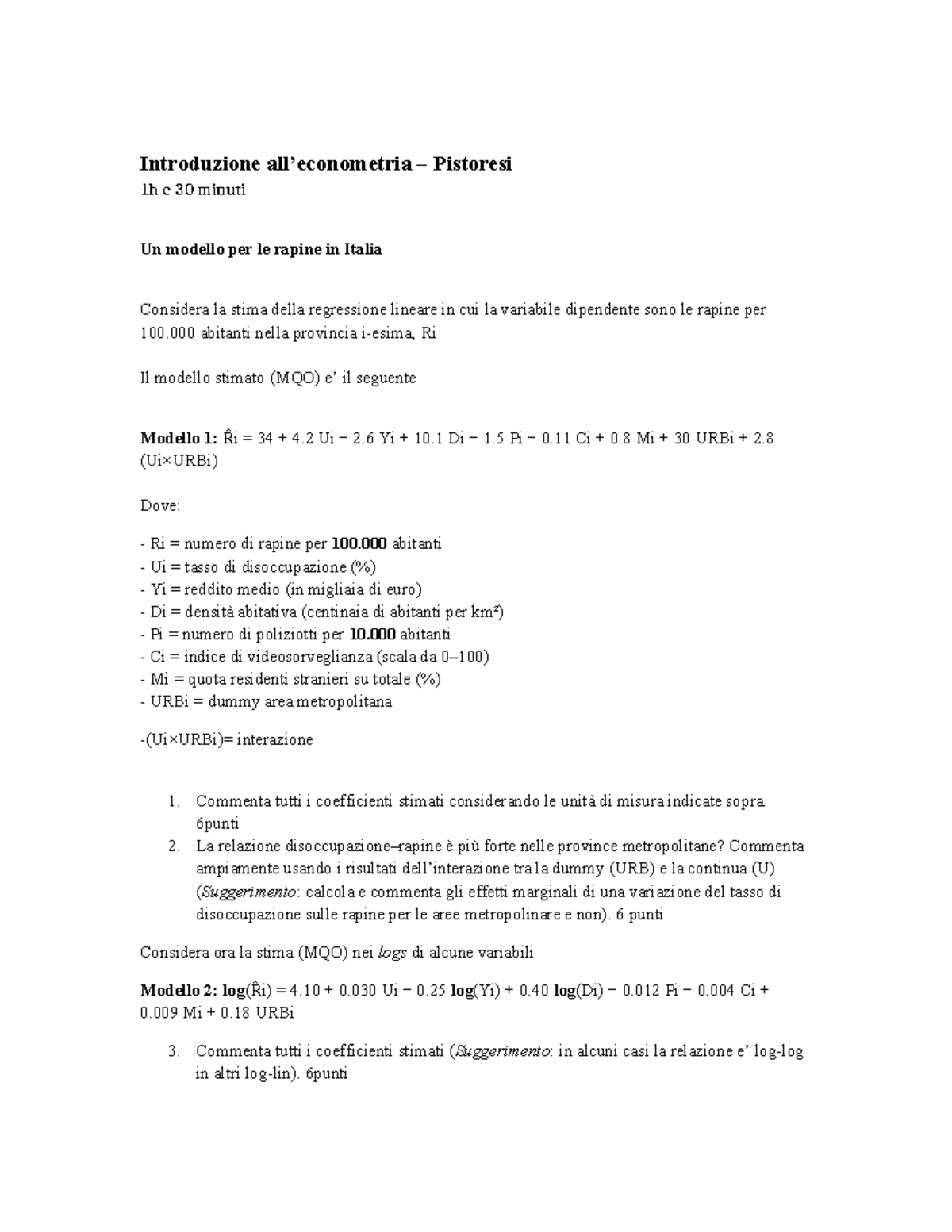 Regressione Rapine in Italia: Modelli Econometrici e Analisi - Studocu
