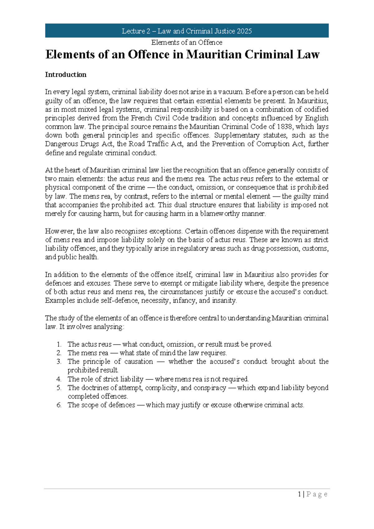 Lecture 2: Elements of an Offence in Mauritian Criminal Law (LAW2025 ...