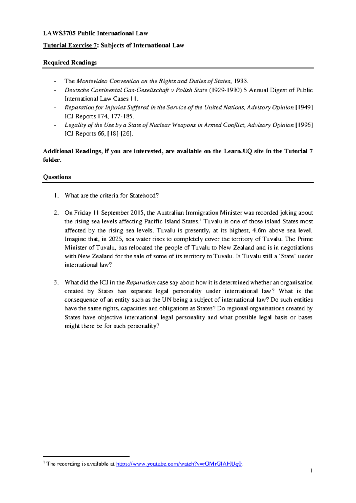 Tutorial 7 - Questions and Readings - 1 LAWS 3705 Public International ...