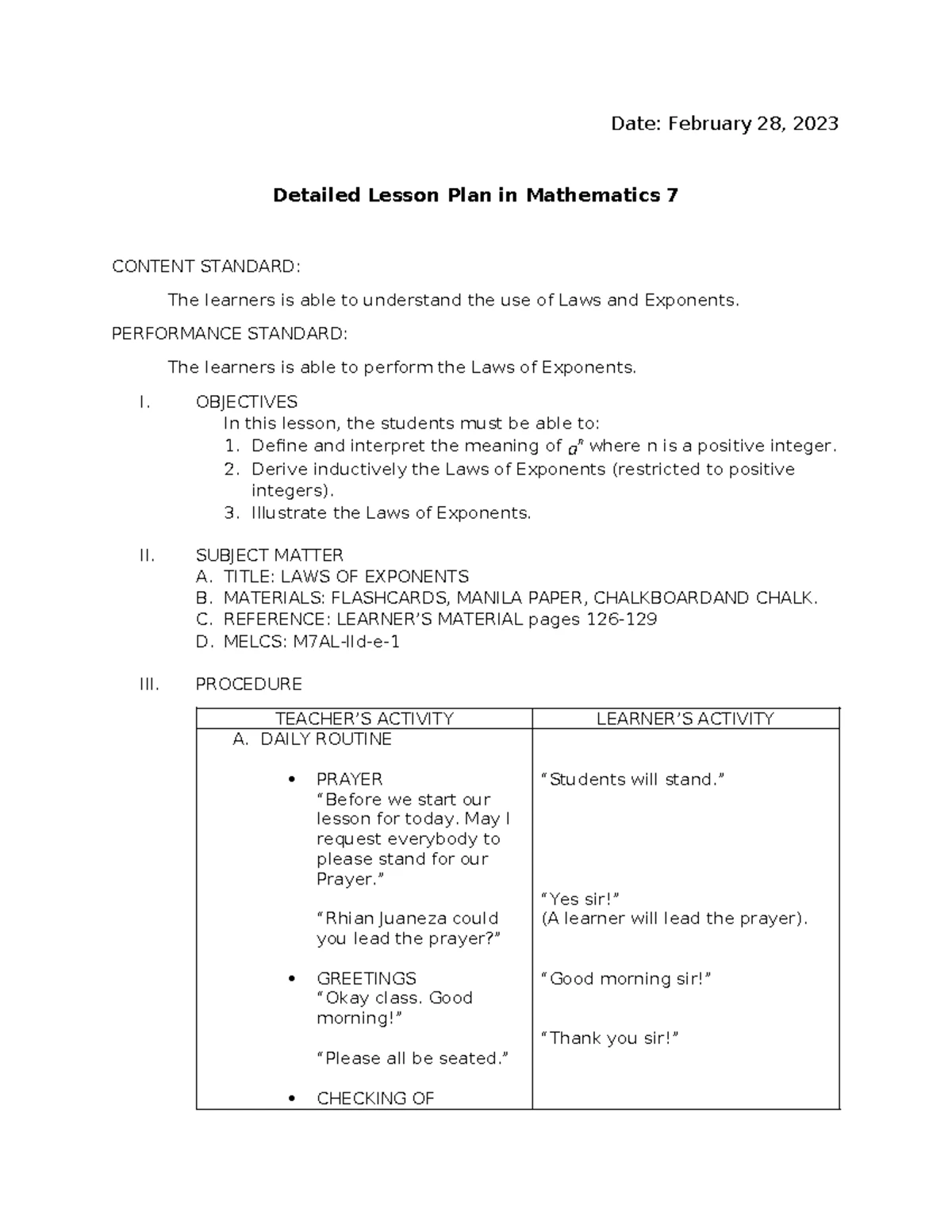 628838072-Detailed-Lesson-Plan-Laws-of-Exponents-for-Grade-7 - Studocu