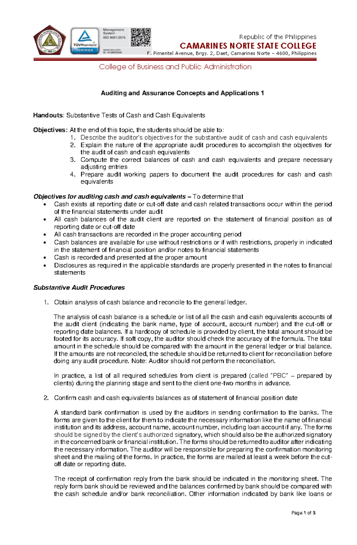Substantive Tests of Cash & Cash Equivalents – Auditing Concepts 2021 ...
