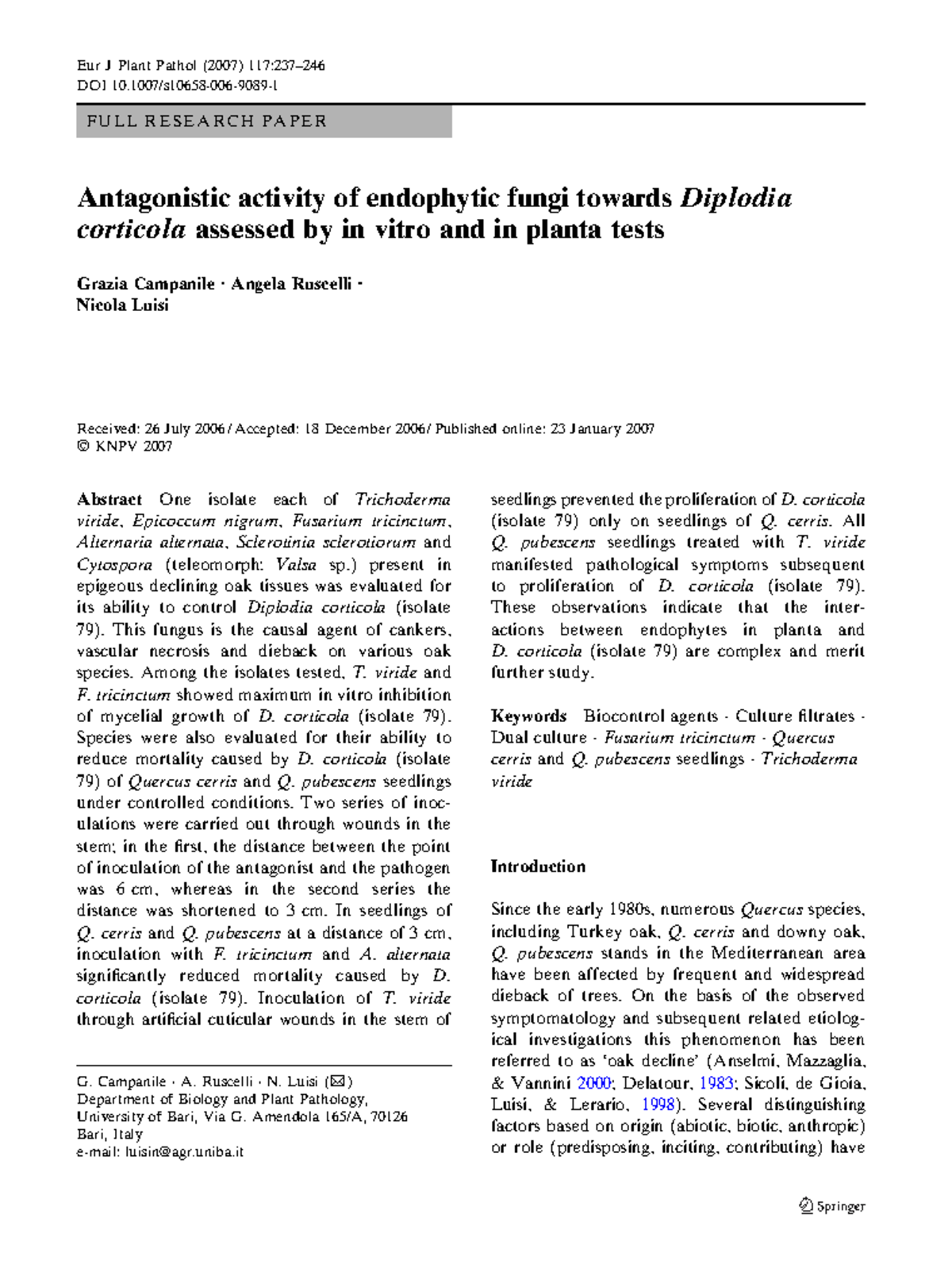 Antagonistic Activity of Endophytic Fungi Against Diplodia corticola - Studocu