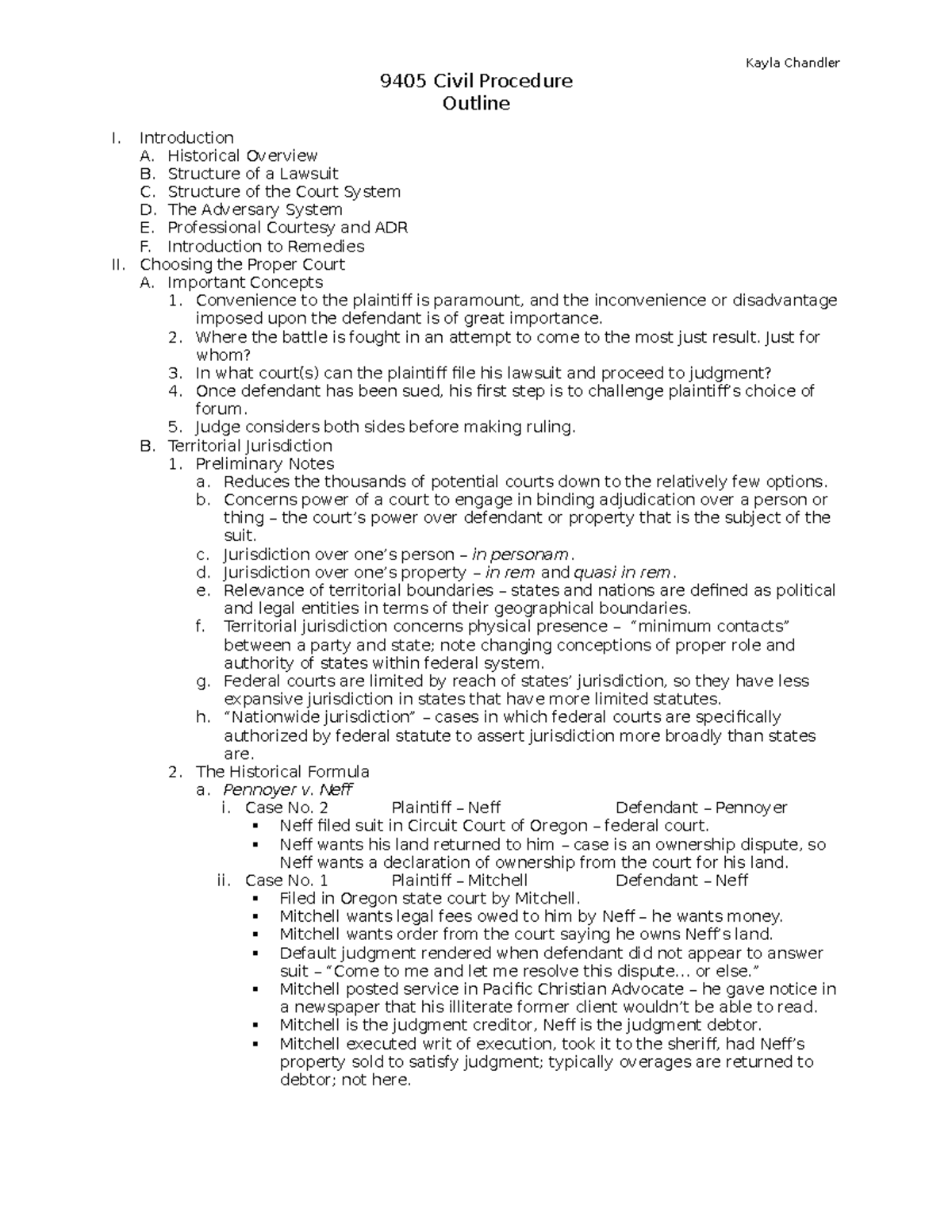 Outline for 9405 Civil Procedure: Key Concepts and Jurisprudential ...