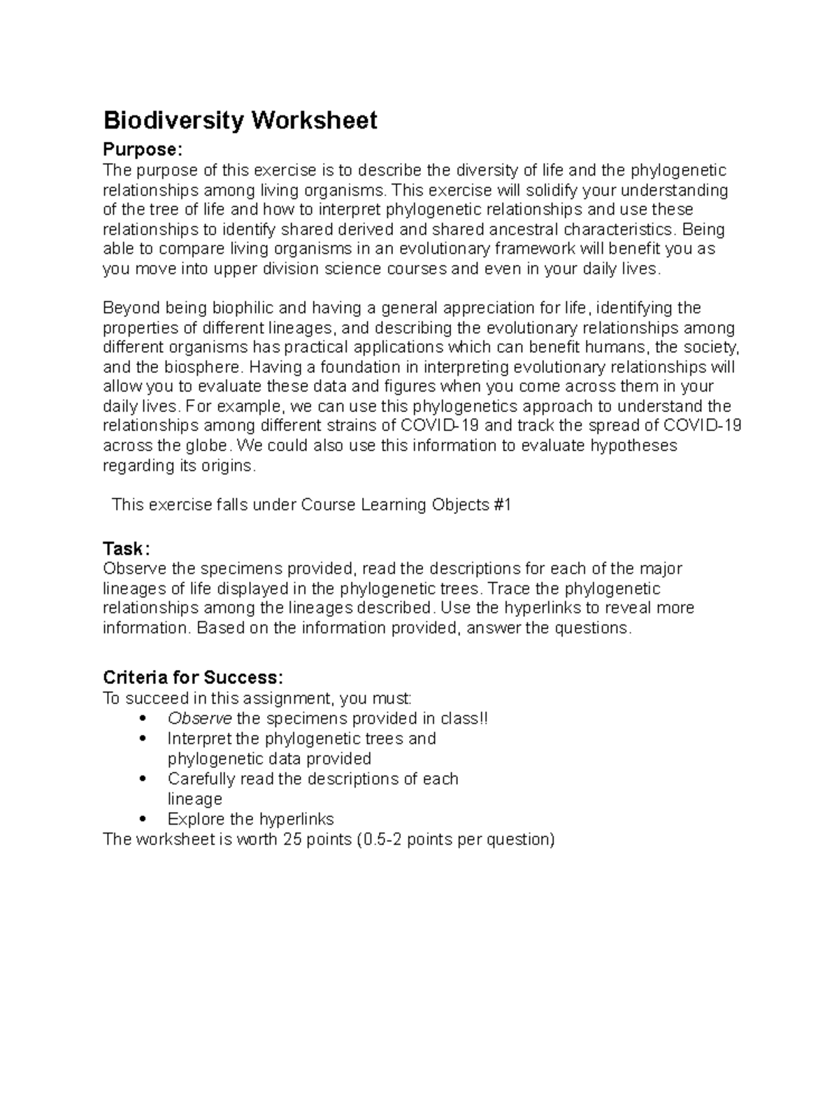 BIOL1108L Biodiversity Worksheet 1 - Biodiversity Worksheet Purpose ...