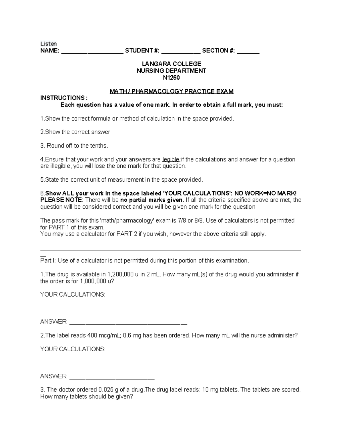 N1260 Math Pharmacology Practice Exam: Drug Calculation Quiz - Studocu