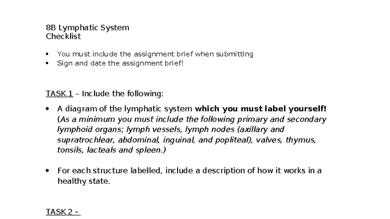 8B Lymphatic System Assignment Checklist and Case Study Guide - Studocu