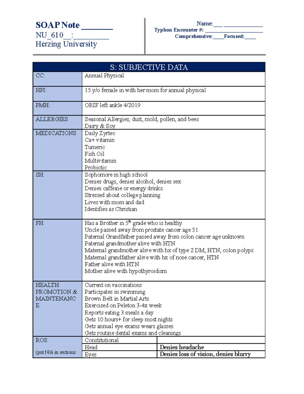 NU_610: Week 4 SOAP Note for Annual Physical Exam at Herzing - Studocu