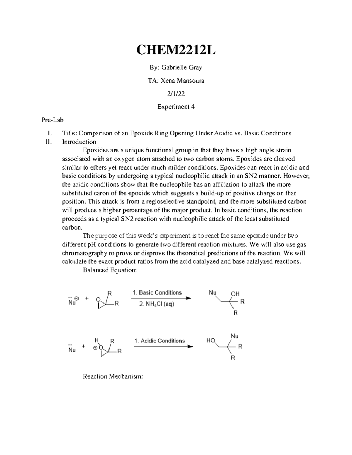 Chem2212L Experiment 4 Acidic vs. Basic Conditions in the Nucleophilic ...