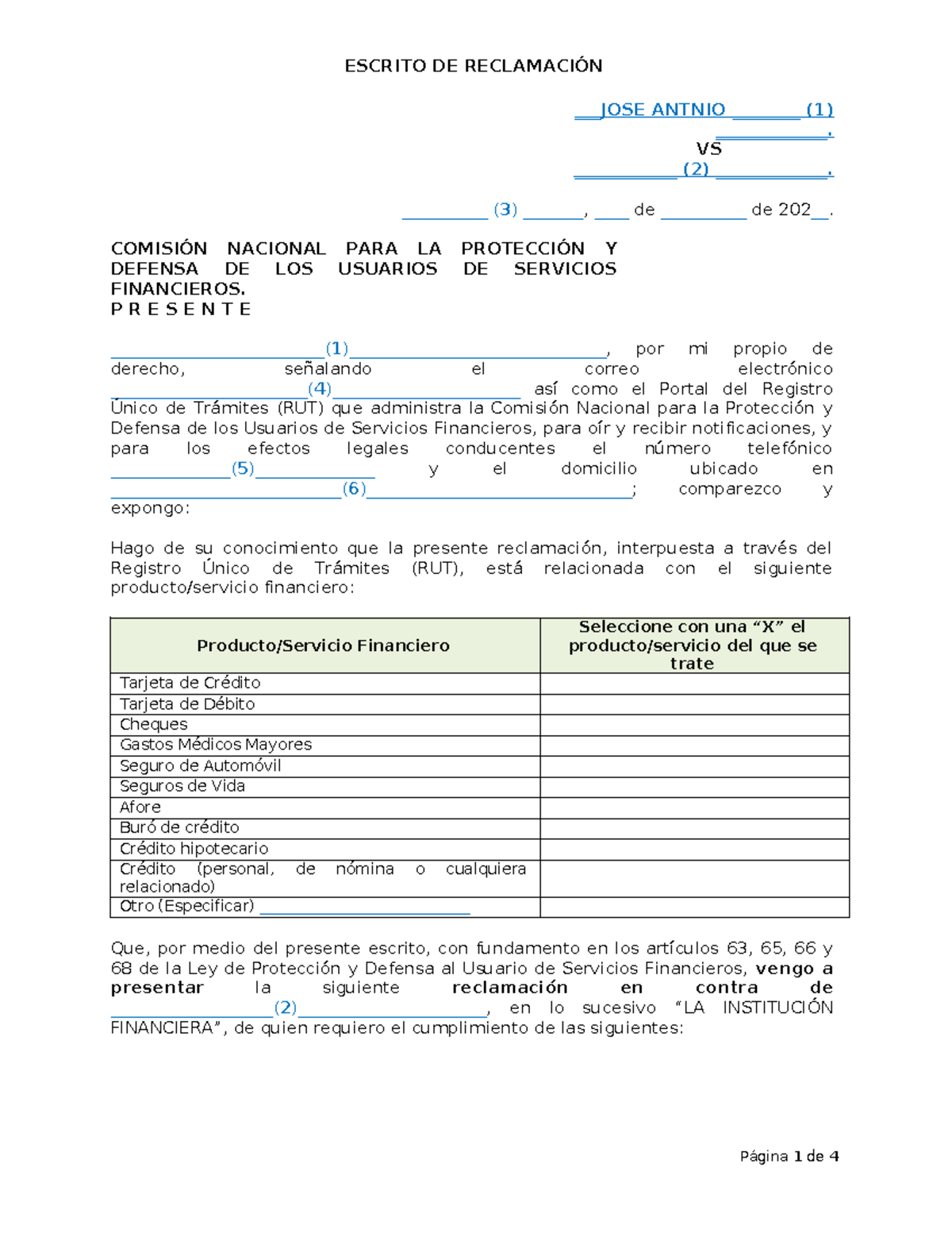 Formato de Reclamación RUT ante la CONDUSEF - Studocu