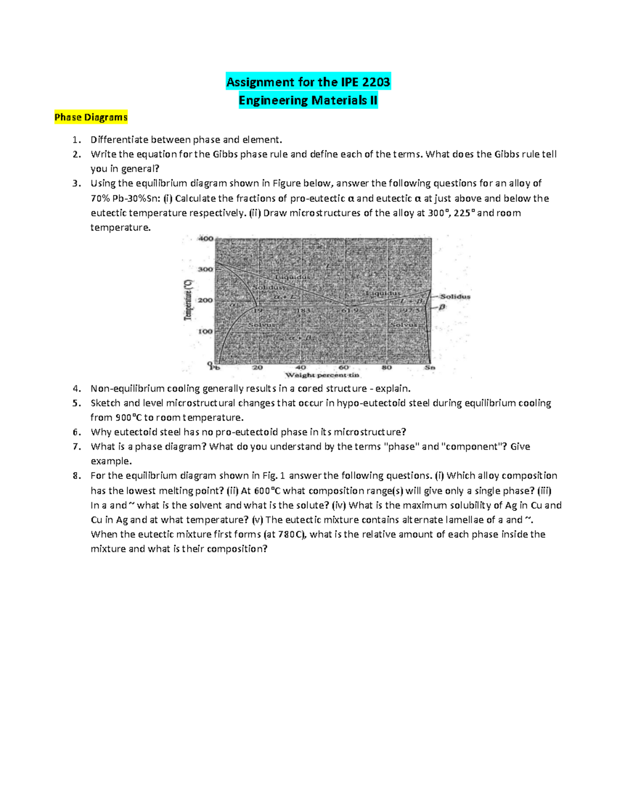 IPE 2203 Engineering Materials II: Phase Diagrams Assignment Questions ...