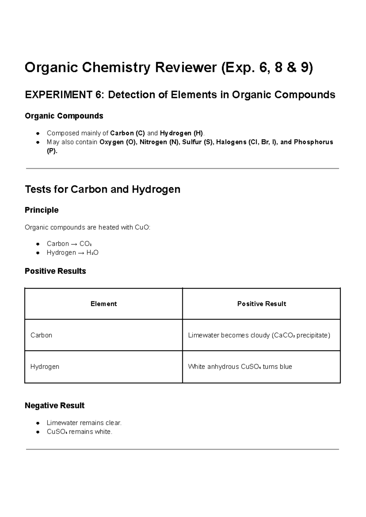 Organic Chemistry Reviewer (CHEM 101) - Experiments 6, 8, 9 Summary ...