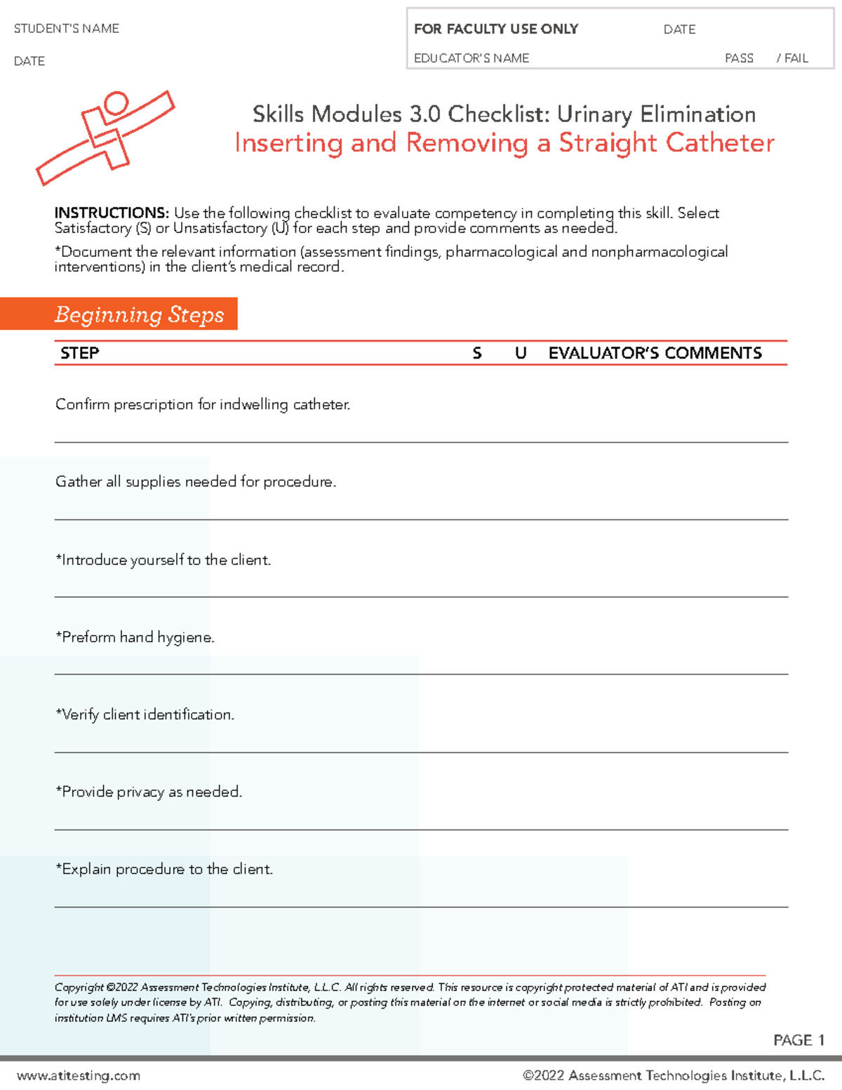 Skills Checklist: Urinary Catheterization (Straight) - Competency ...