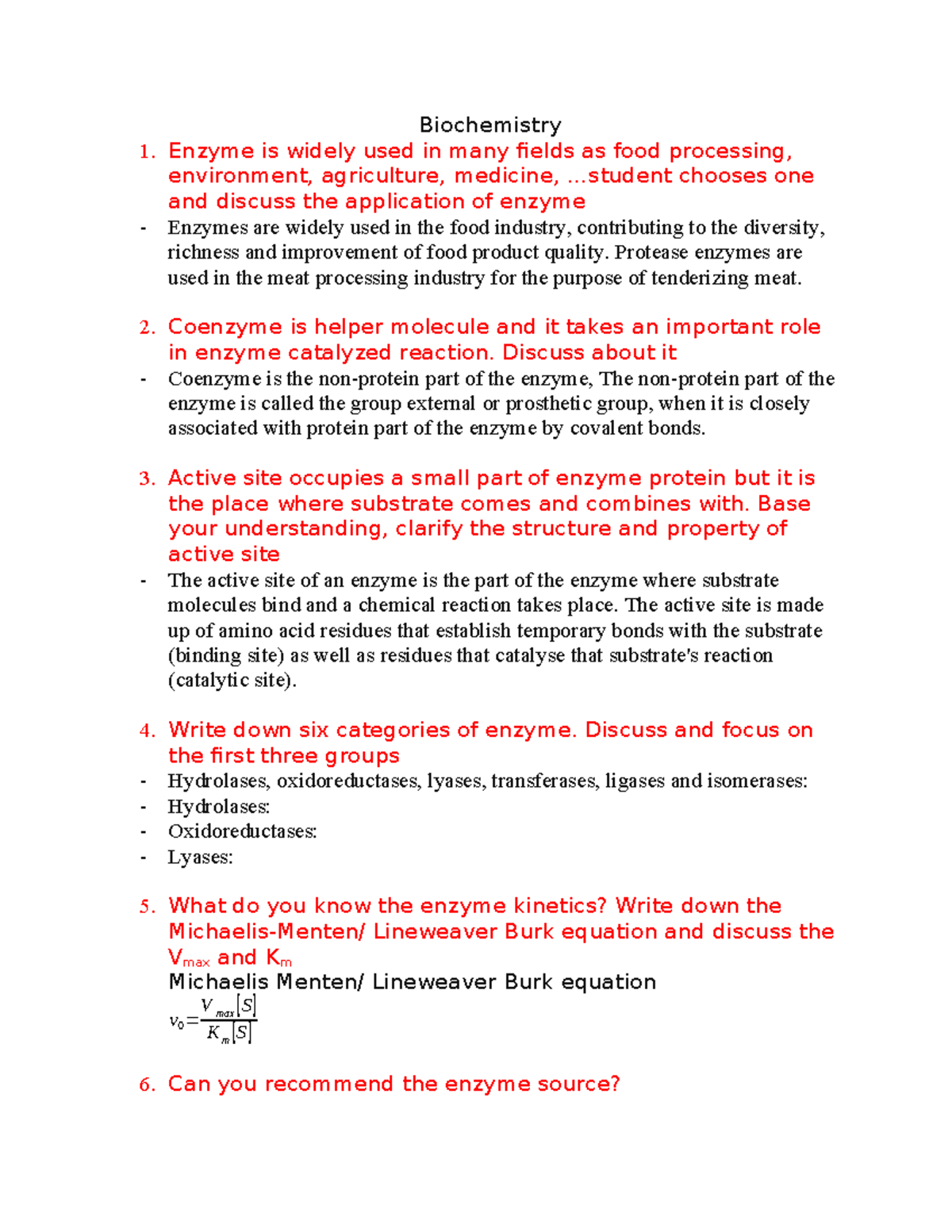 Biochemistry Midterm Test Notes: Enzymes, Coenzymes, & Kinetics - Studocu