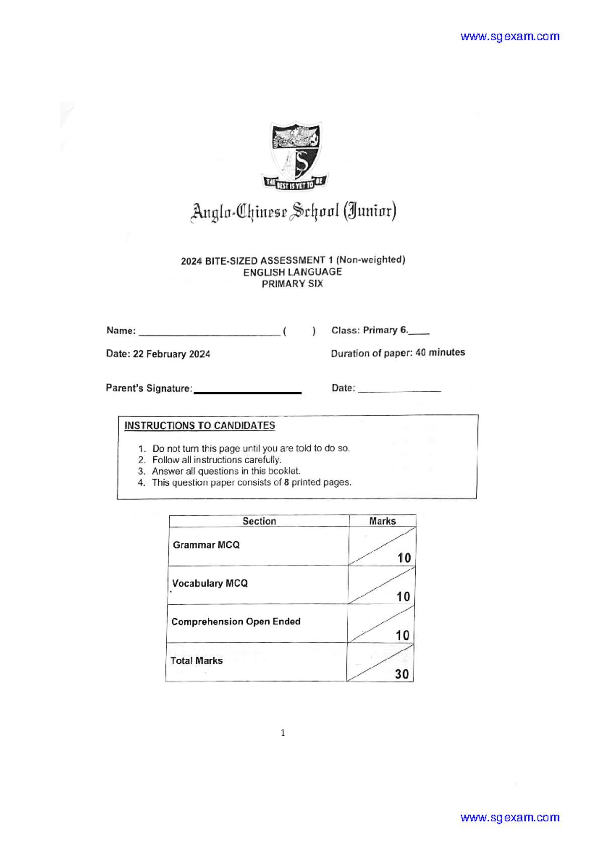 2024-P6 English Bite-Sized Assessment 1 - ACS Junior - Studocu