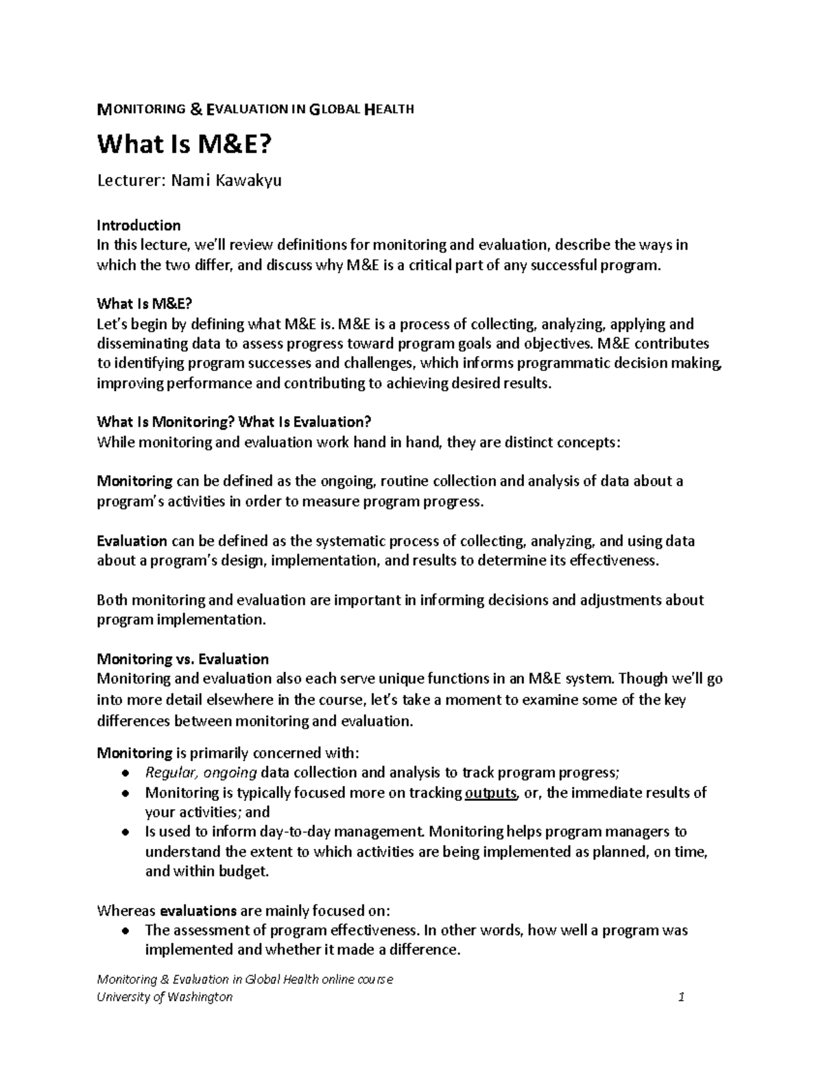 M&E Introduction: Monitoring & Evaluation in Global Health (Course: UW ...