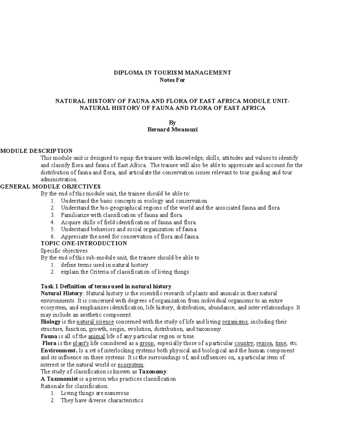 DIPLOMA IN TOURISM MANAGEMENT: Updated Notes on Natural History of East ...