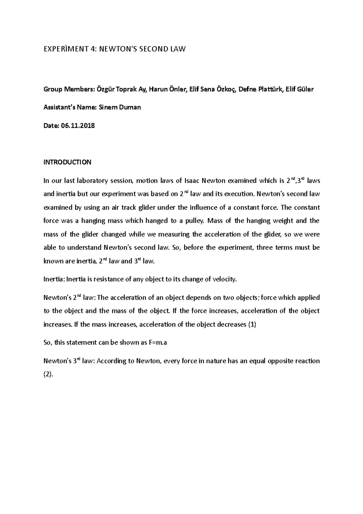 Phys 101 Lab Report: Exploring Newton’s 2nd Law of Motion - Studocu