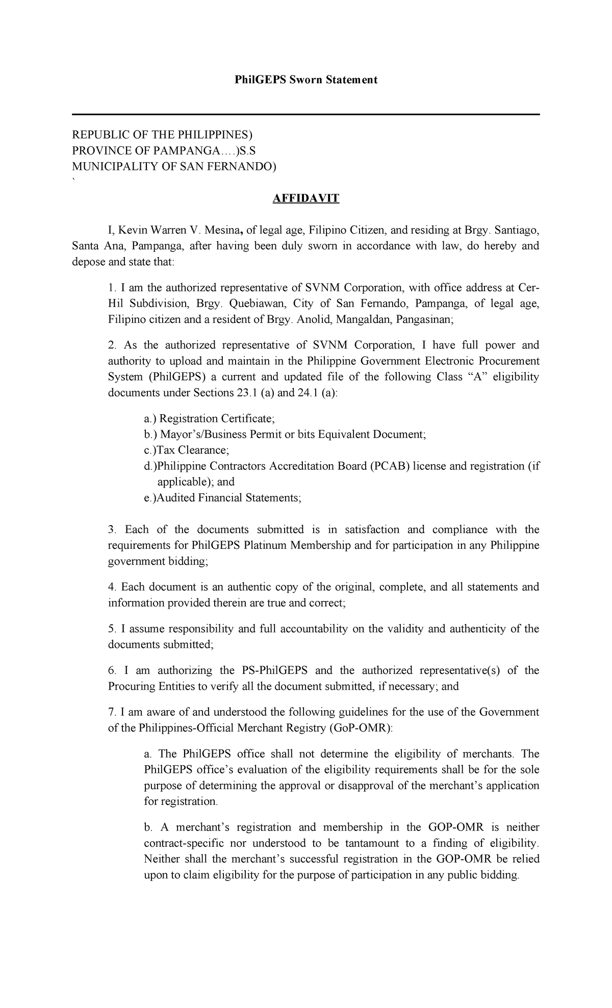 PhilGEPS-Sworn Statement: Affidavit for SVNM Corp Eligibility Documents ...