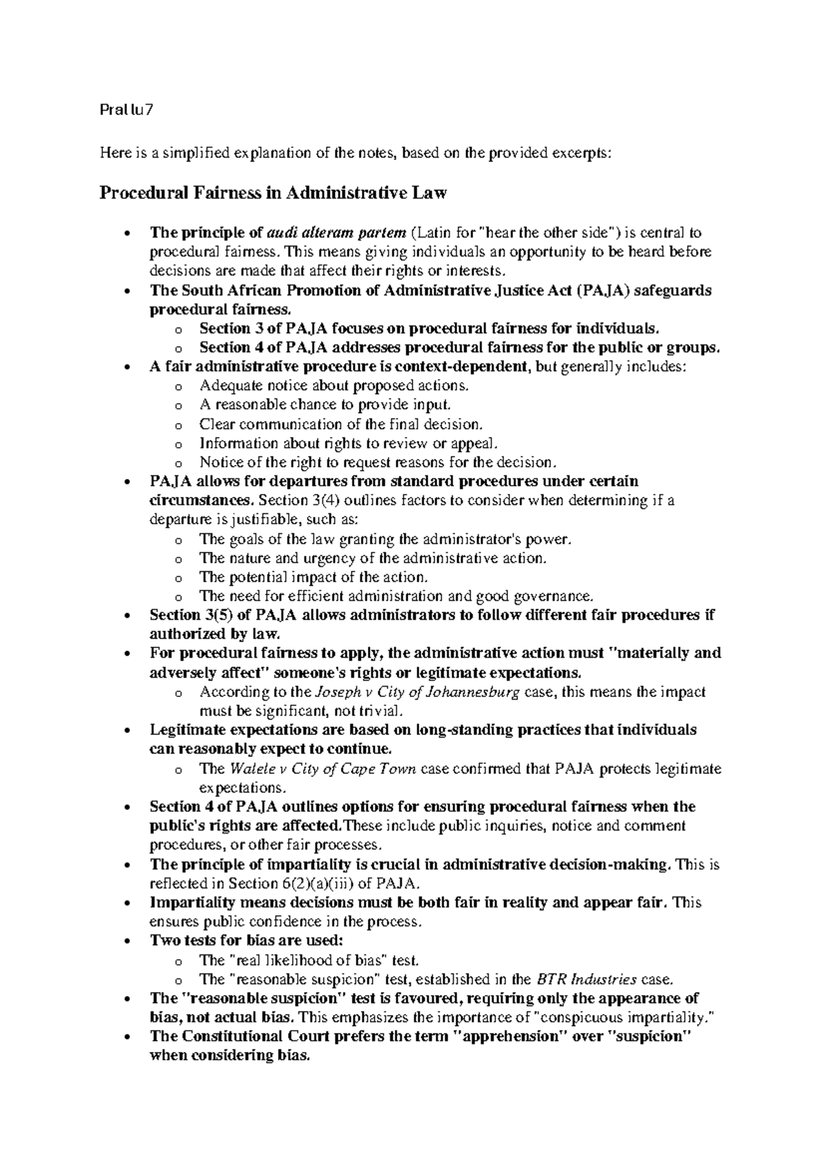 PAJA and Procedural Fairness: Revision Notes for Pral LU7 - Studocu