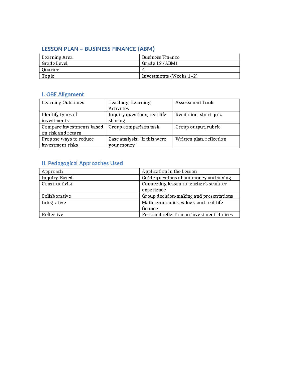 Business Finance Lesson Plan (ABM) - Grade 12, Quarter 4 - Studocu