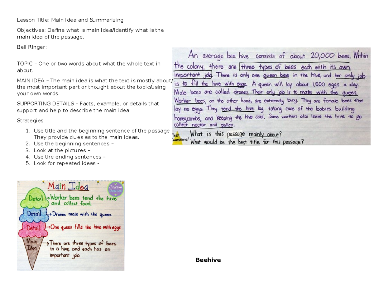 Main - Main idea - Lesson Title: Main Idea and Summarizing Objectives ...