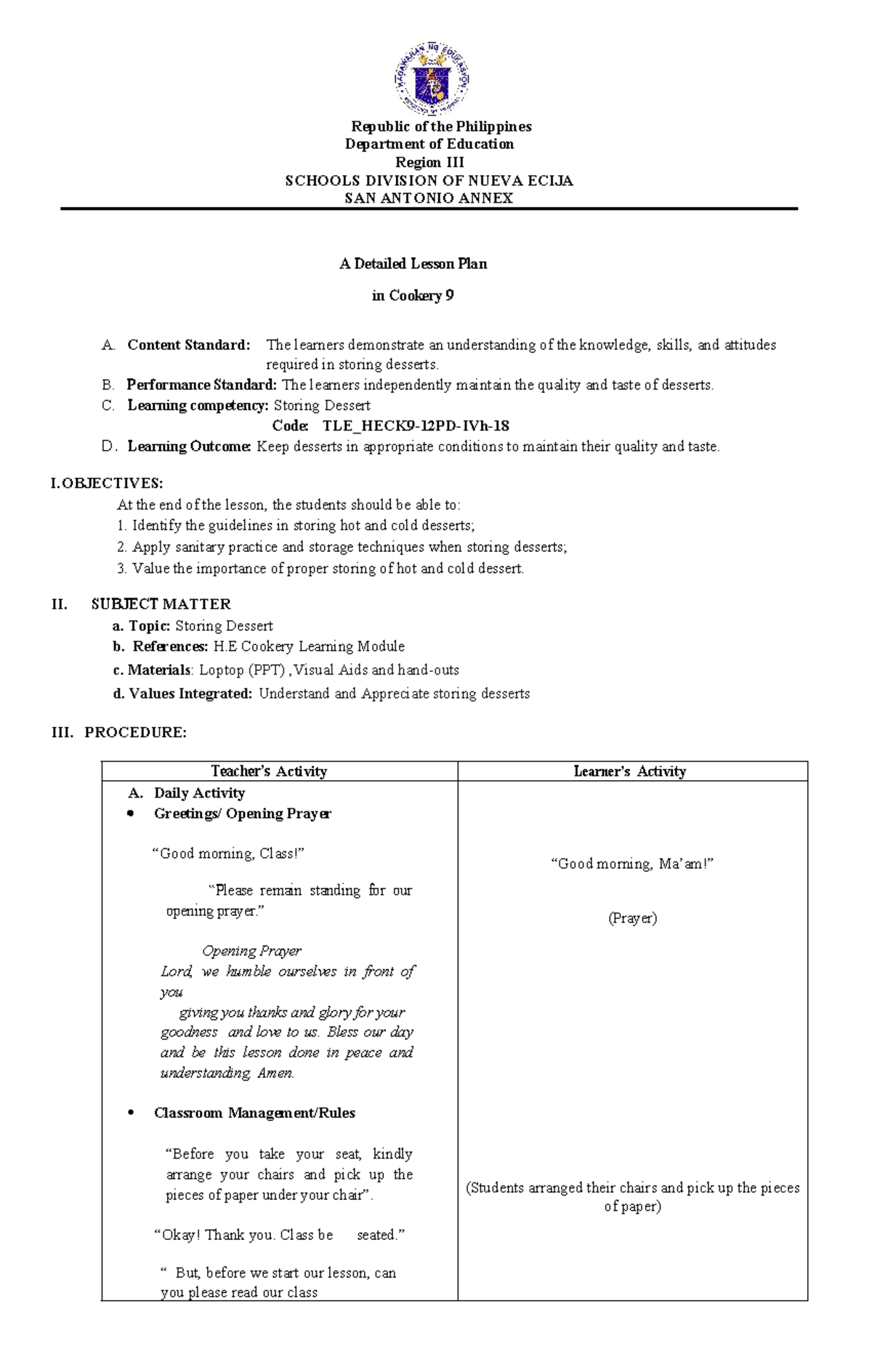 Storing Techniques for Desserts: A Detailed Lesson Plan (TLE-HECK9 ...