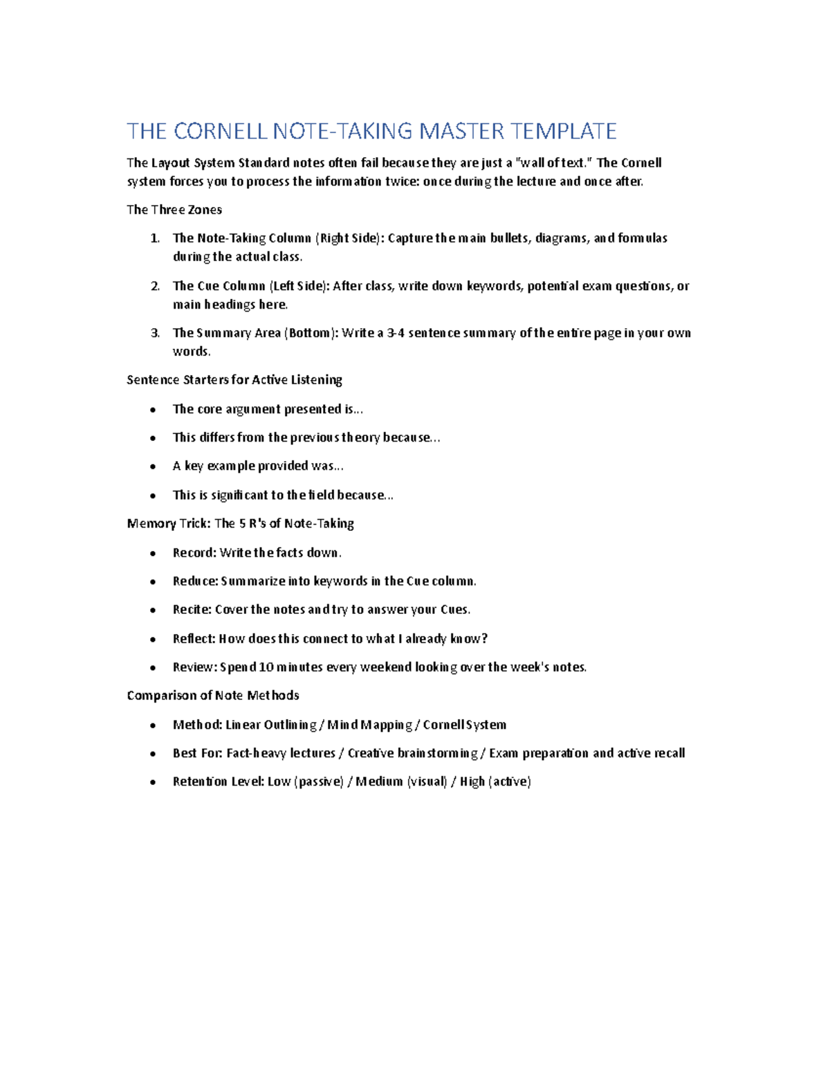 Cornell Note-Taking Master Template: Effective Study System - Studocu