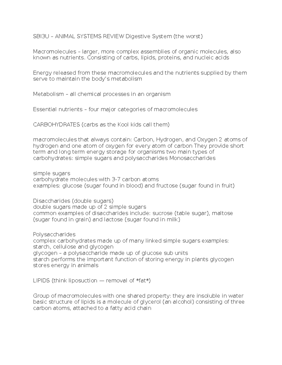 SBI3U - Lecture notes key terms and notes - SBI3U – ANIMAL SYSTEMS ...