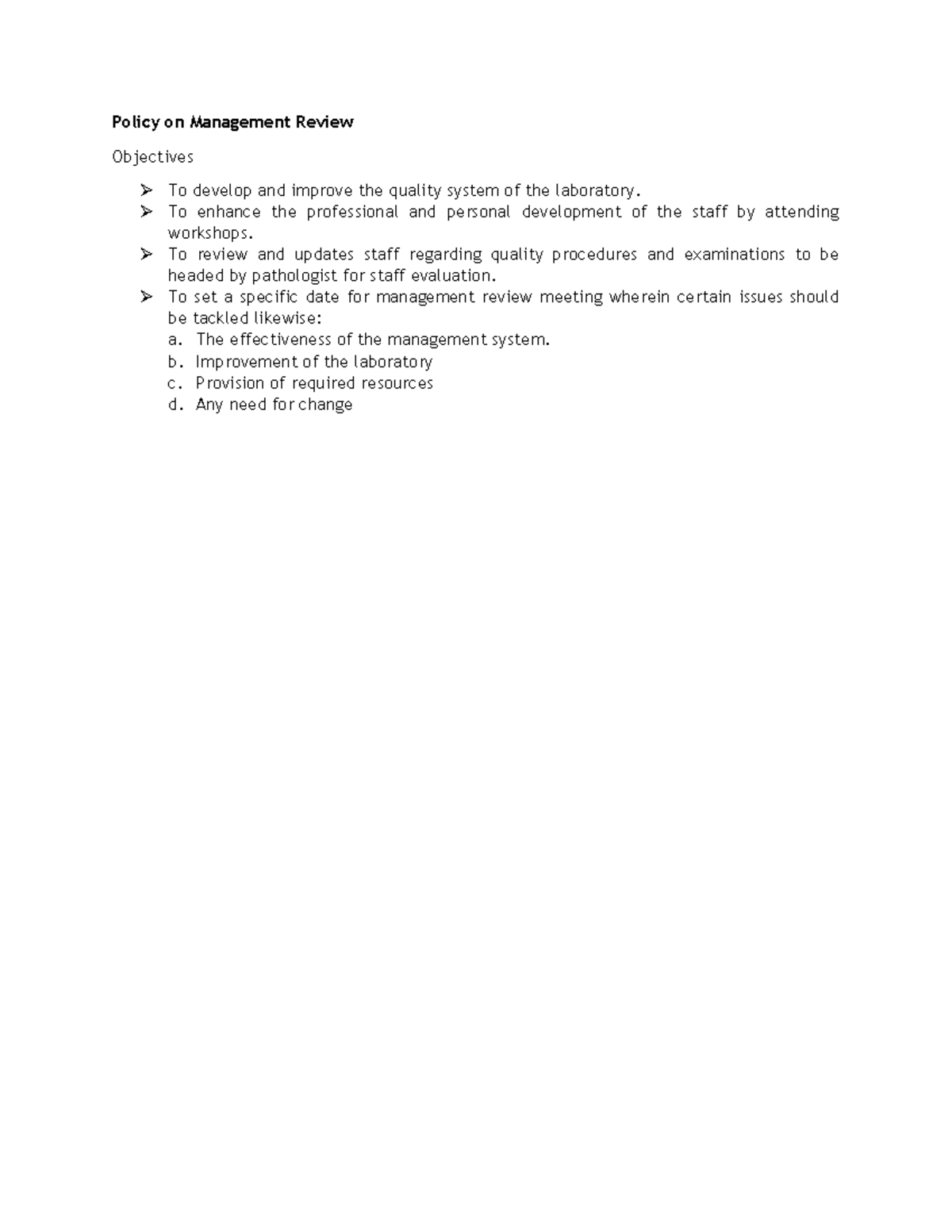 Policy on Management Review - Policy on Management Review Objectives To ...