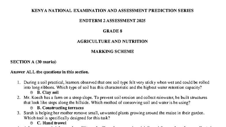 KENYA NATIONAL EXAMINATION GRADE 8 AGRICULTURE ENDTERM 2 MARKING SCHEME ...