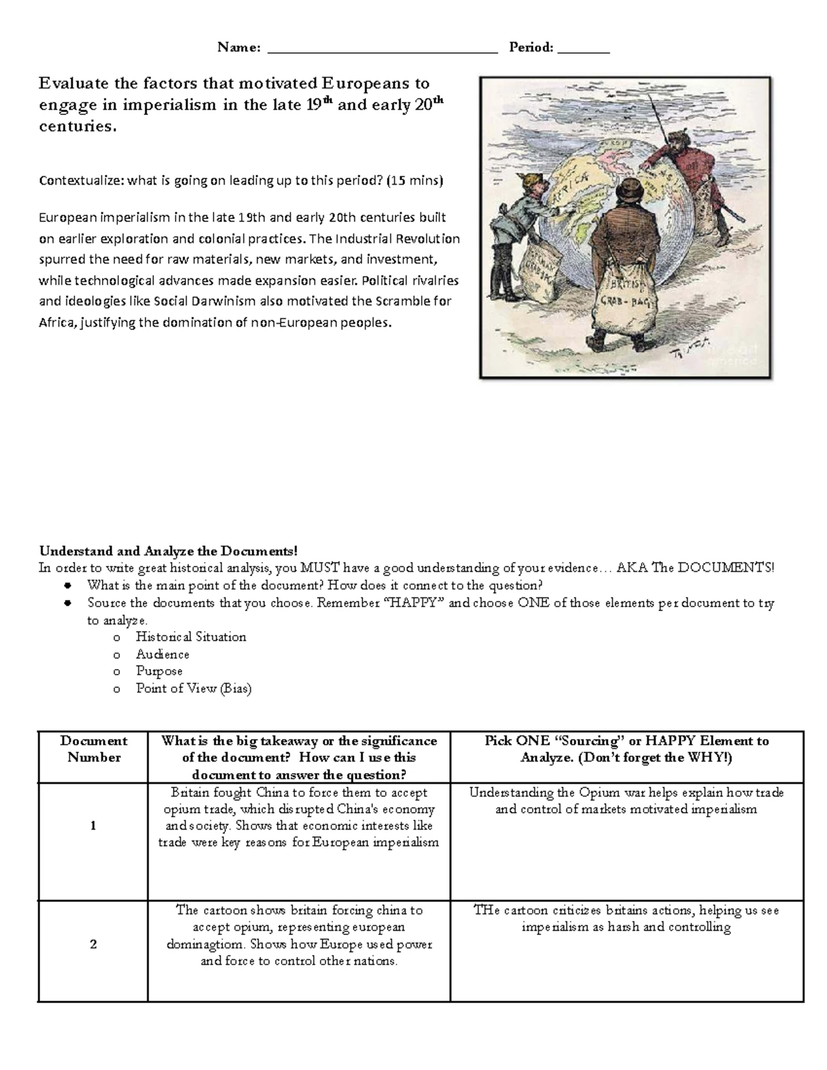 Unit 6 Graphic Organizer: Causes & Effects of Imperialism (c. 1750-1900 ...