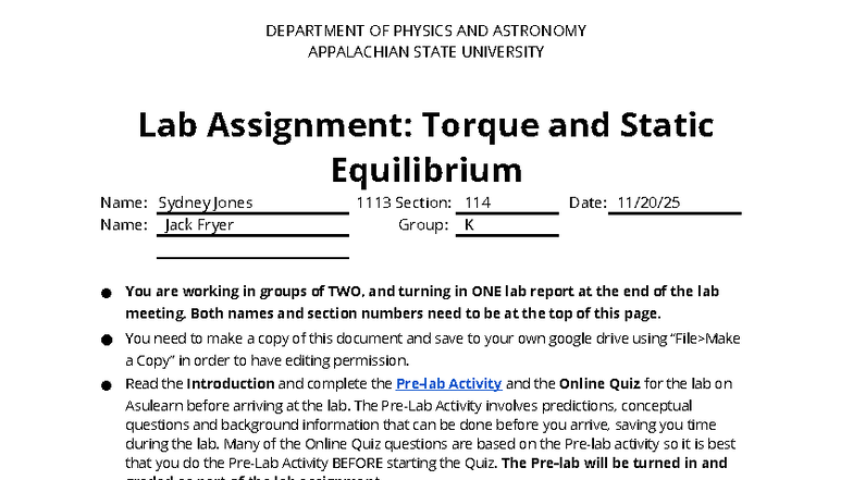 PHY 1113 Lab Assignment: Torque & Static Equilibrium Report - Studocu