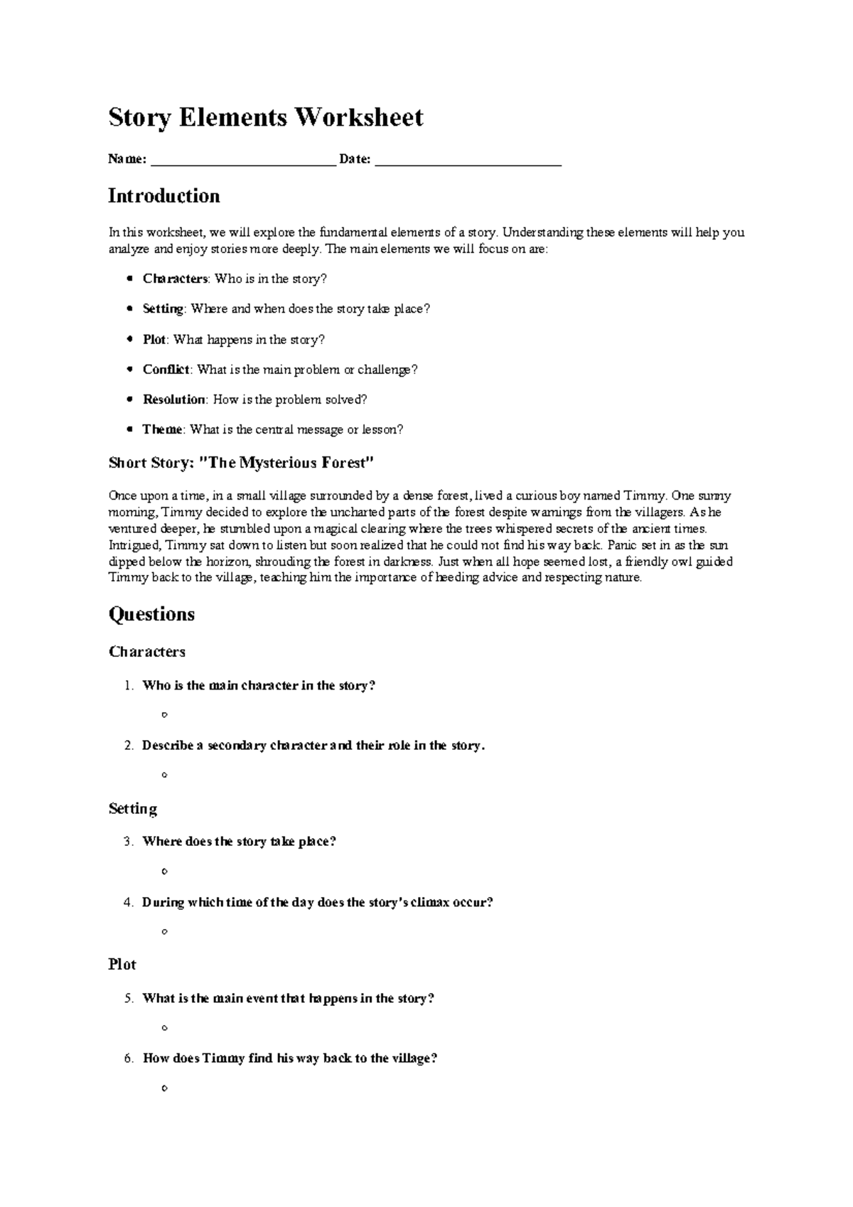 Story Elements Worksheet - Story Elements Worksheet Name ...