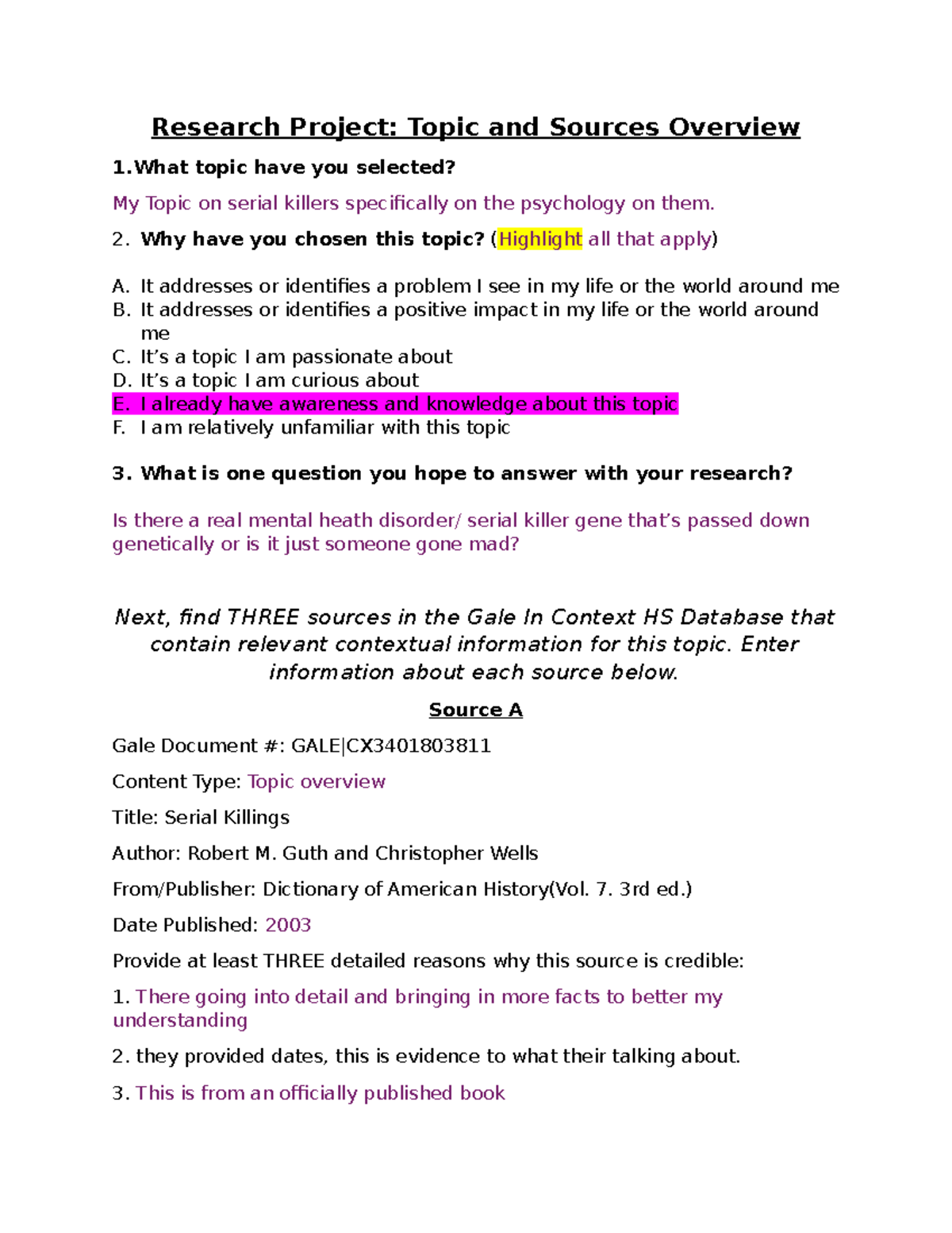 Research Project: Topic & Sources Overview on Serial Killers - Studocu