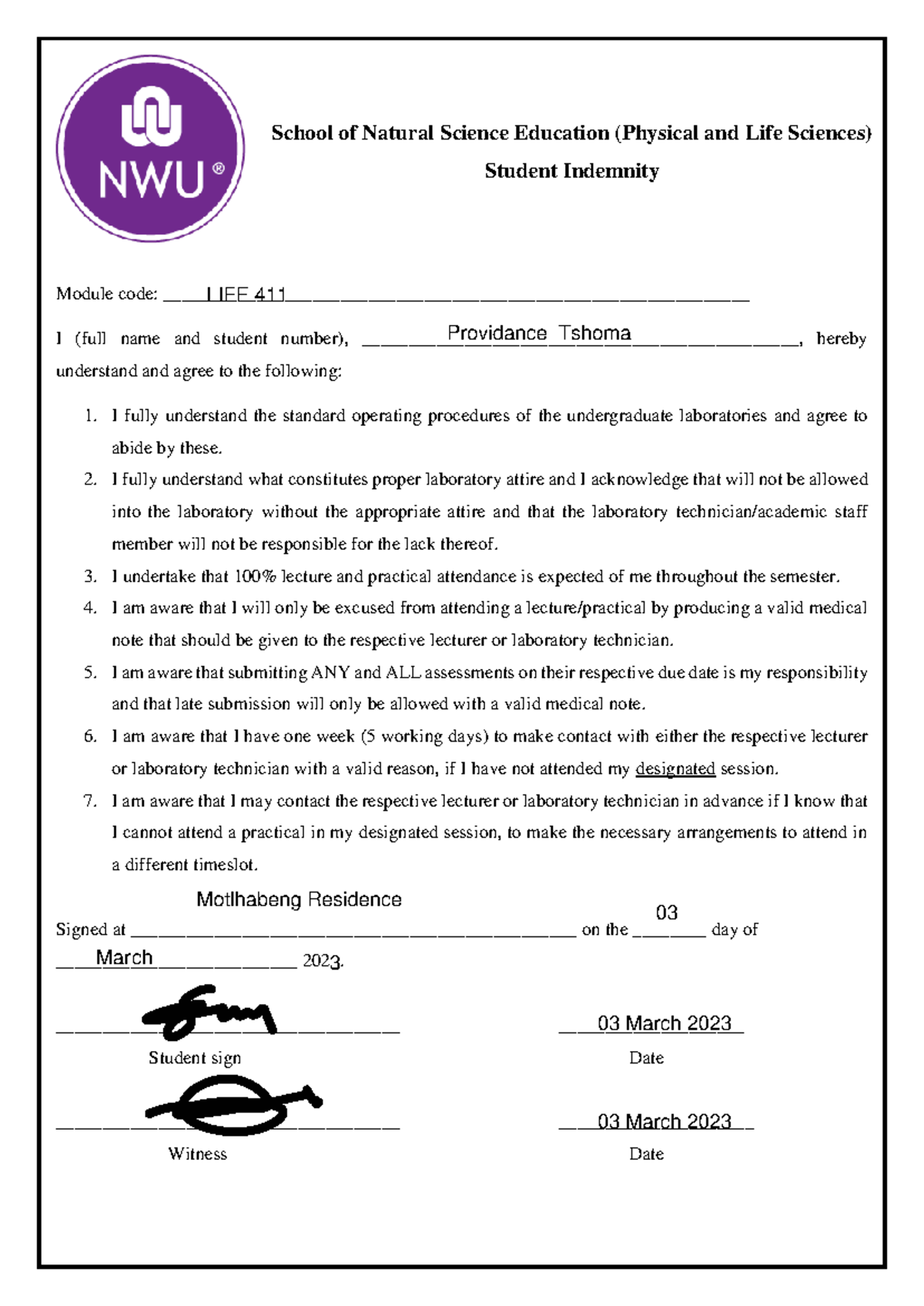 Student Indemnity Agreement for Lab Participation 2023 - Studocu