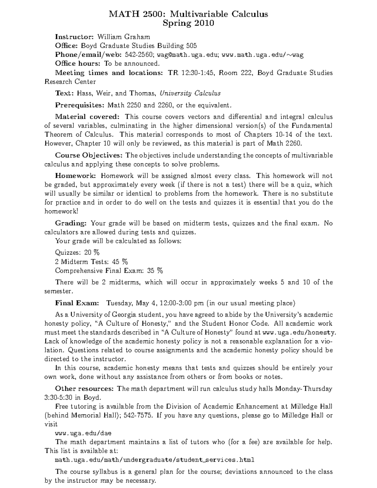 MATH 2500: Multivariable Calculus Syllabus & Course Info Sp2010 - Studocu
