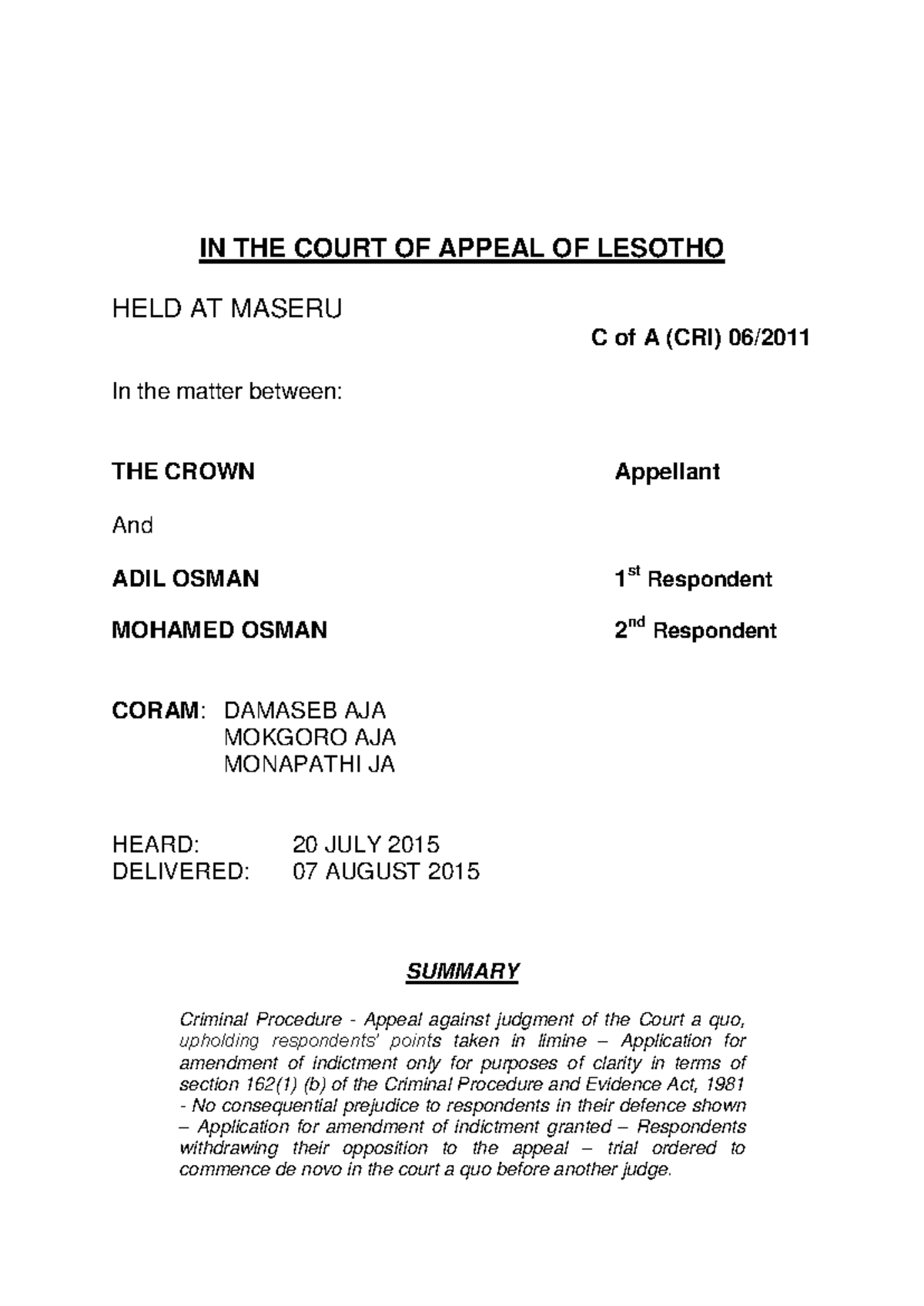 The Crown v Osman and Another (C of A (CRI) 6 of 2011 ) 2015 LSCA 14 (7 ...