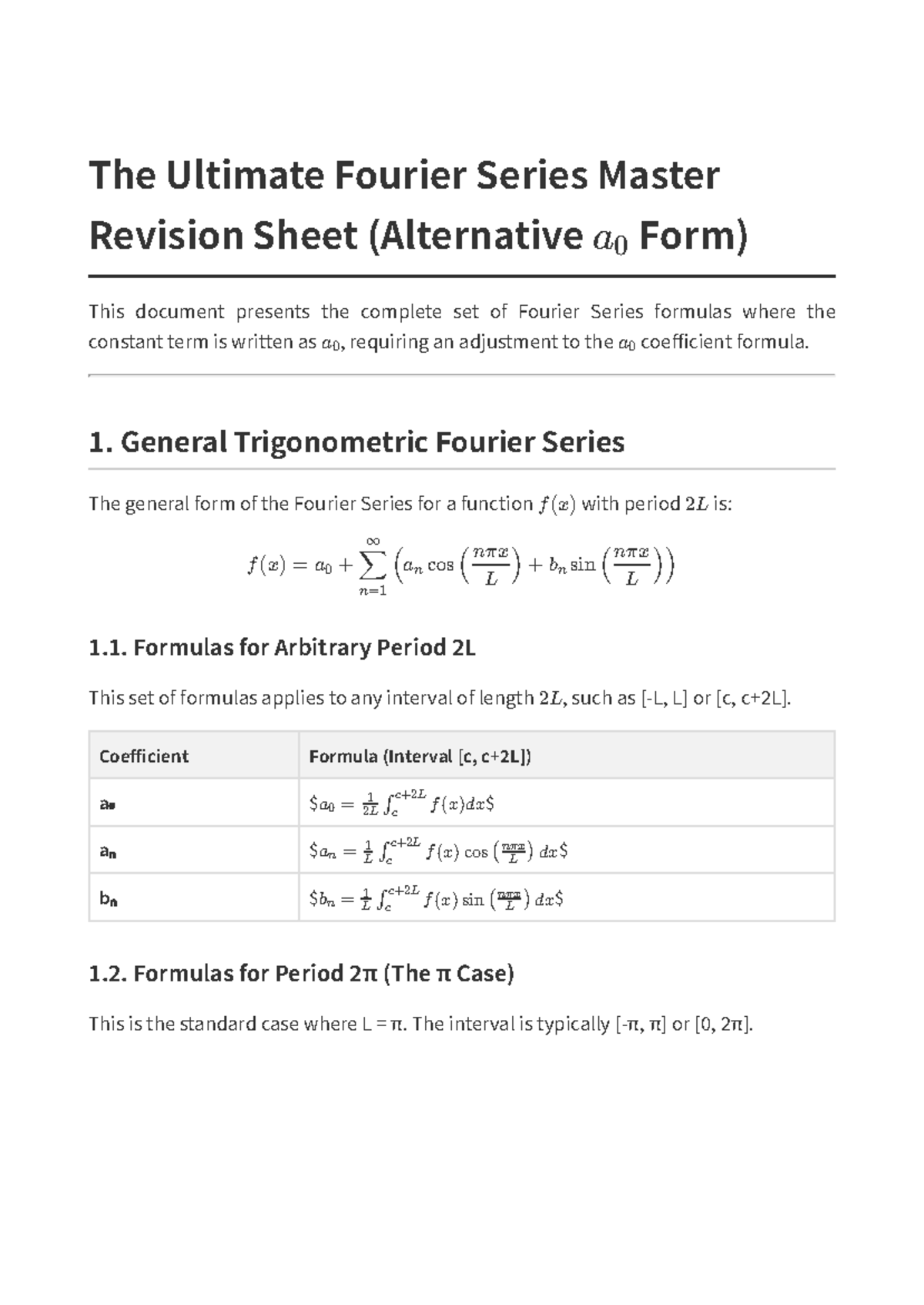 Fourier Series Master Revision Sheet (Alternative a0 Form) - Studocu