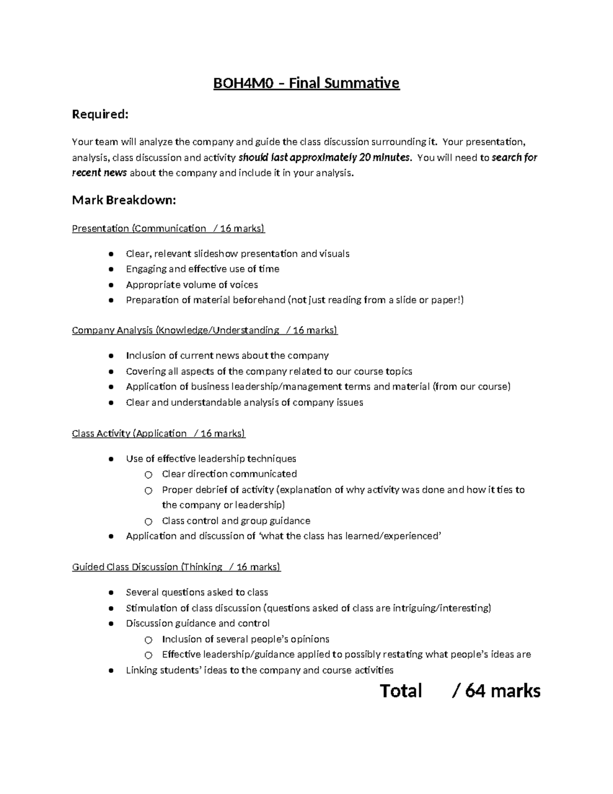 BOH4M0 Final Summative: Company Analysis & Class Discussion Guide - Studocu