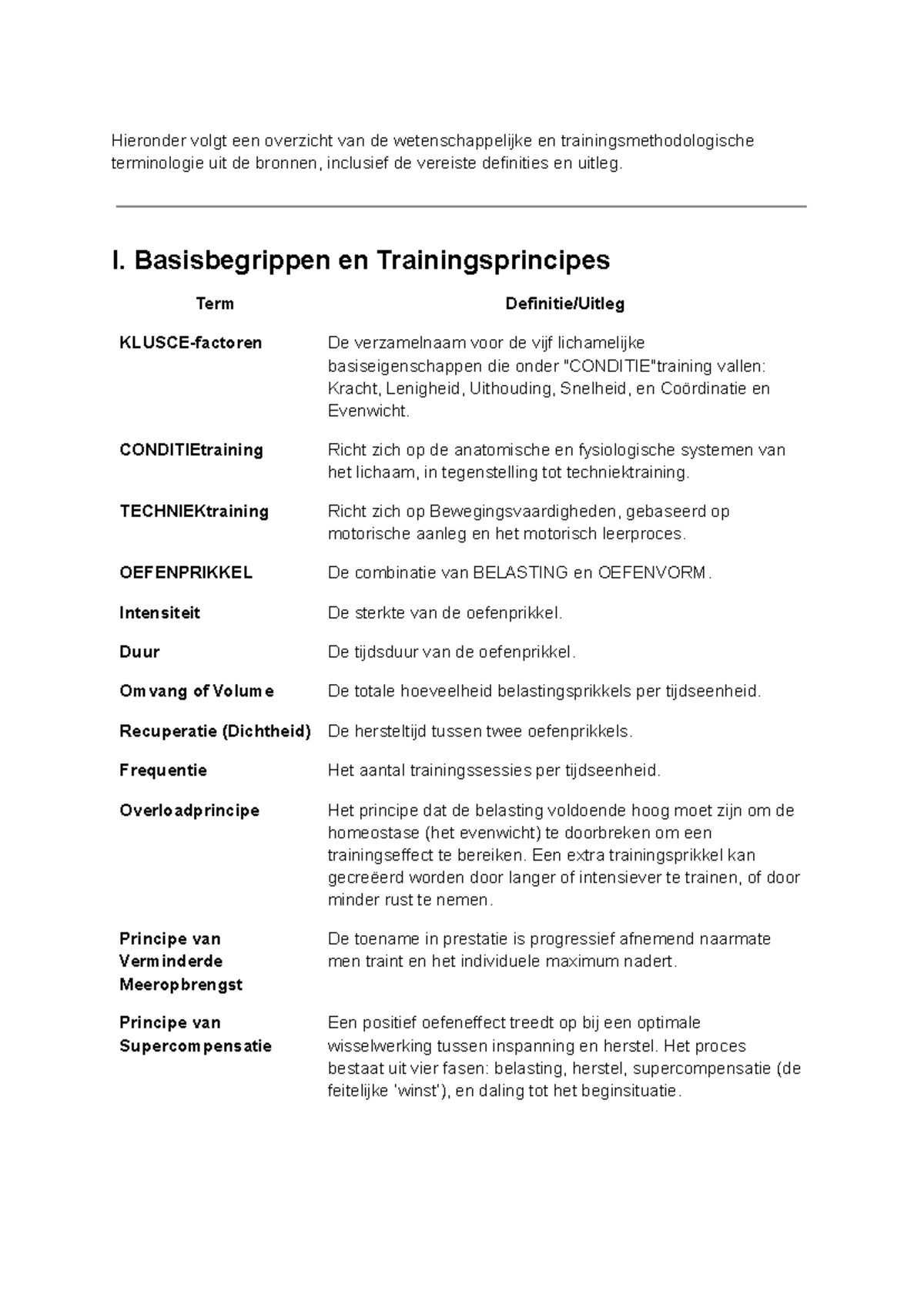 Terminologie en Basisbegrippen in de Trainingsleer (Examen) - Studocu
