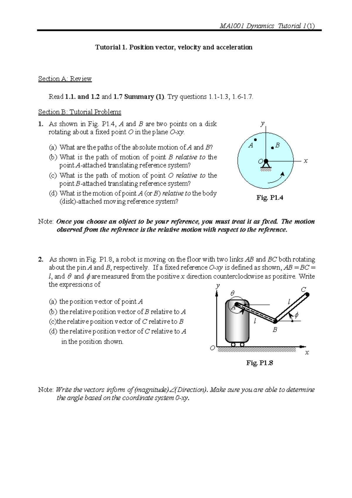 MA1001 Dynamics Tutorial 1: Position, Velocity, and Acceleration ...