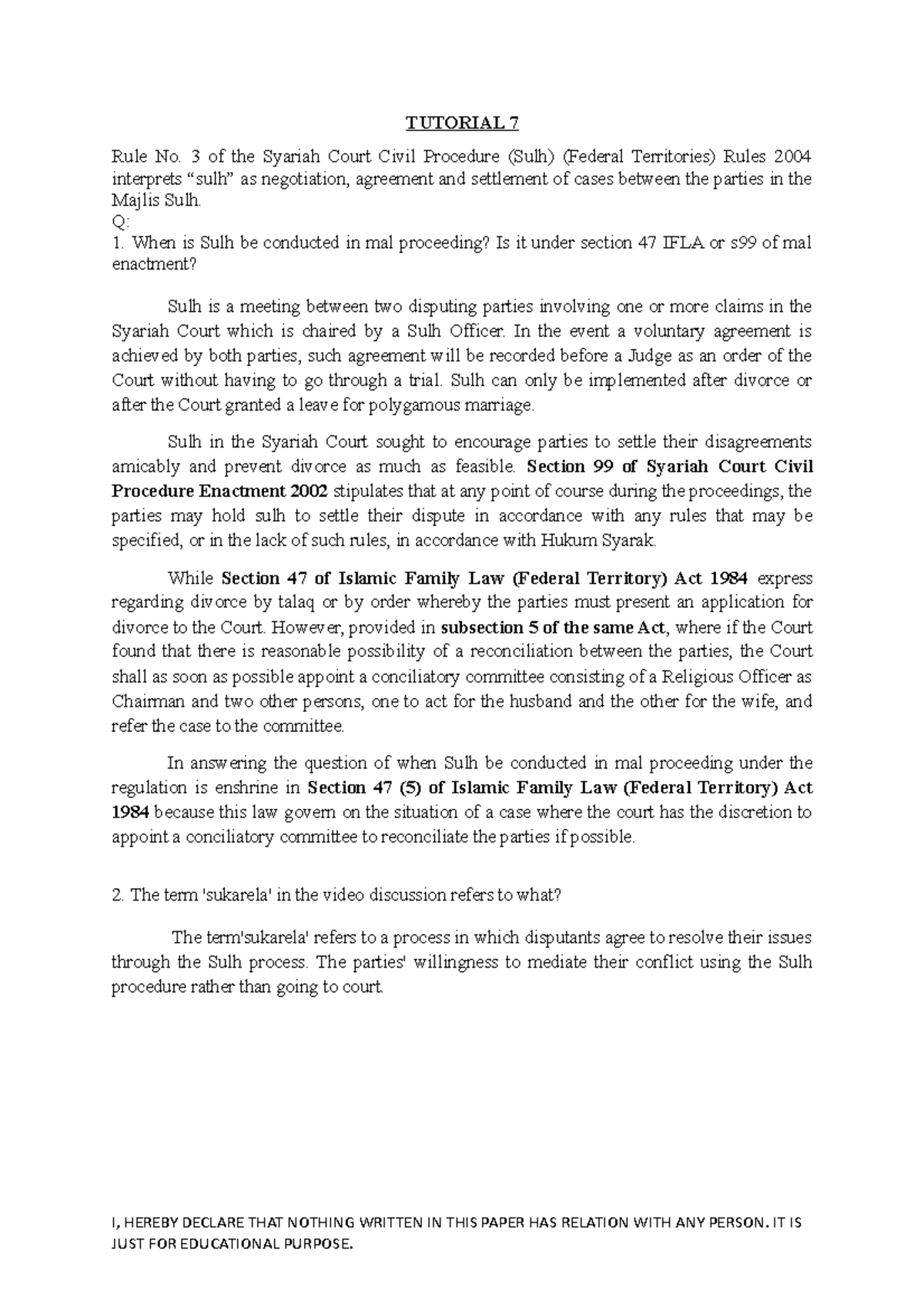 Tutorial 7 - Sulh - What is Sulh? What law govern the application of ...