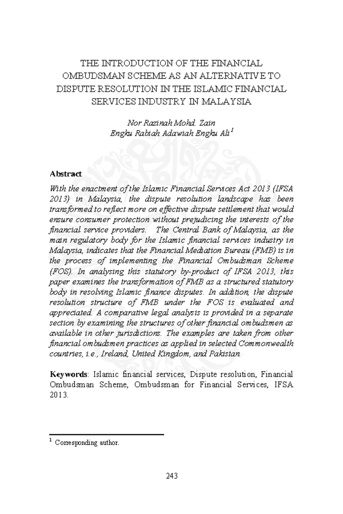 The Introduction of Financial Ombudsman Scheme in Islamic Finance (IFSA ...