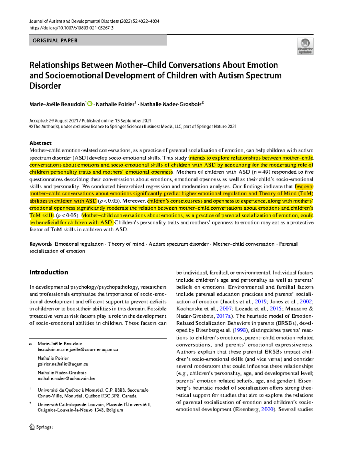 Relationships Between Mother-Child Emotion Conversations and ASD ...