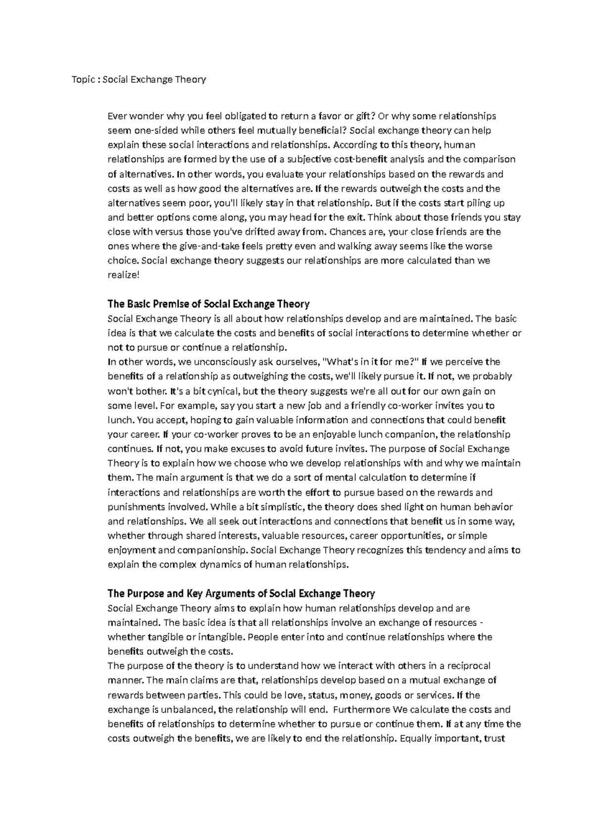 Social Exchange Theory: Understanding Relationships and Interactions ...