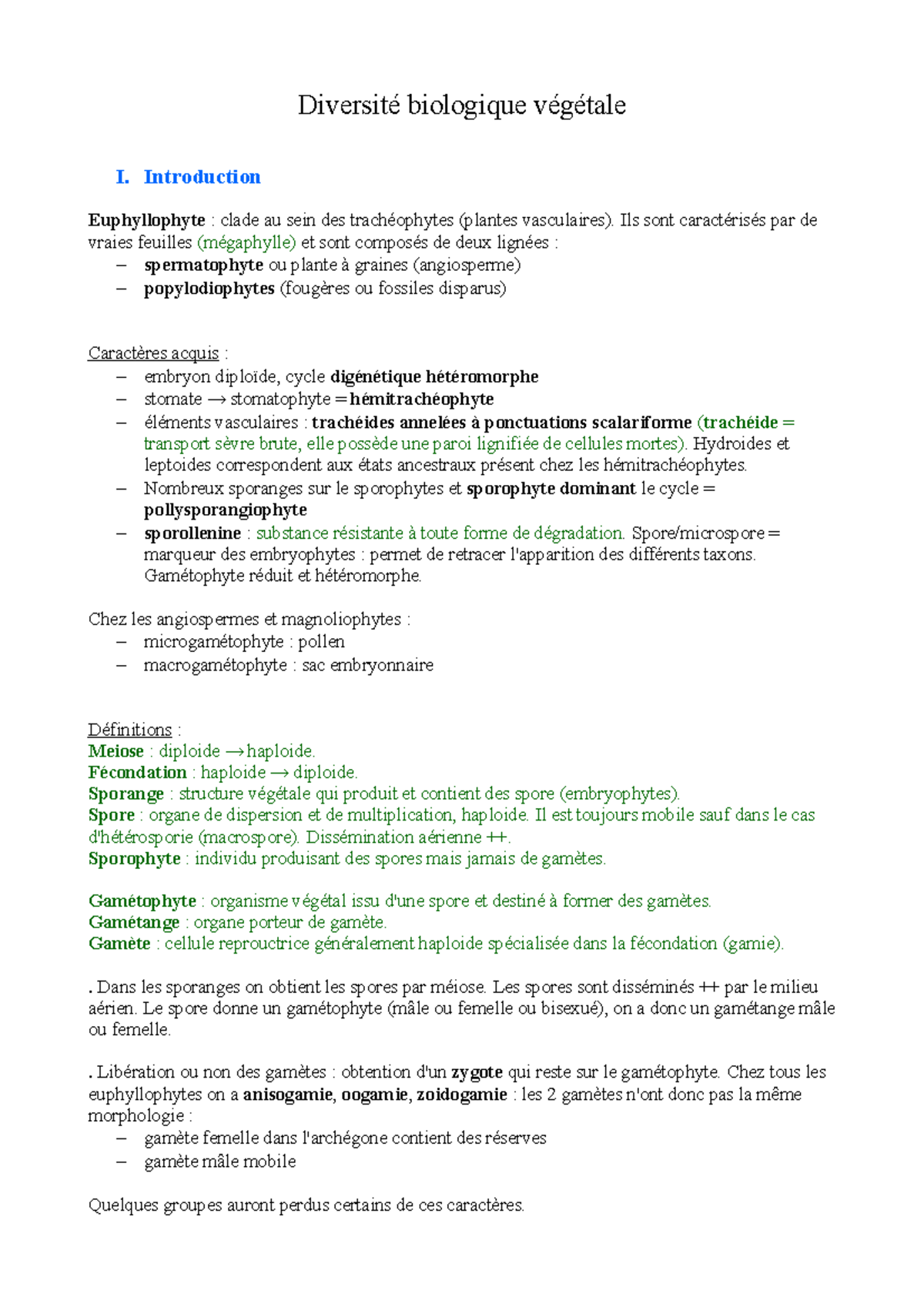 1 - Introduction aux Euphyllophytes : Diversité et Caractéristiques ...
