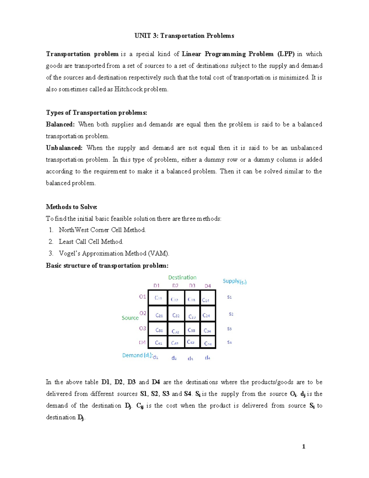 UNIT 3: Transportation Problems and Solution Methods - Studocu